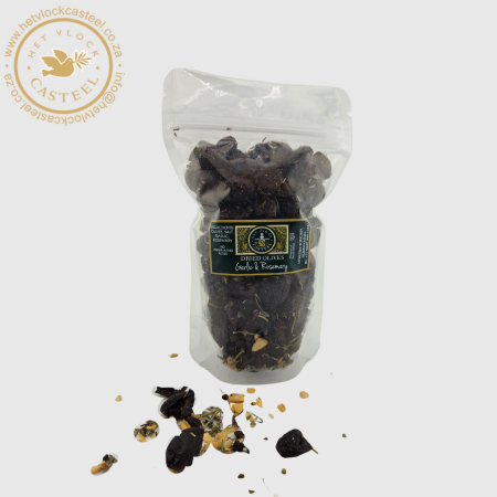Pitted Dried Olives Garlic and Rosemary Snack Pack 100g – Het Vlock Casteel